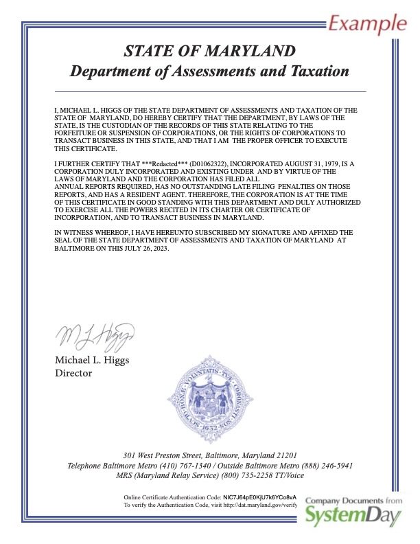 Maryland Certificate Of Good Standing Certificate Of Existence